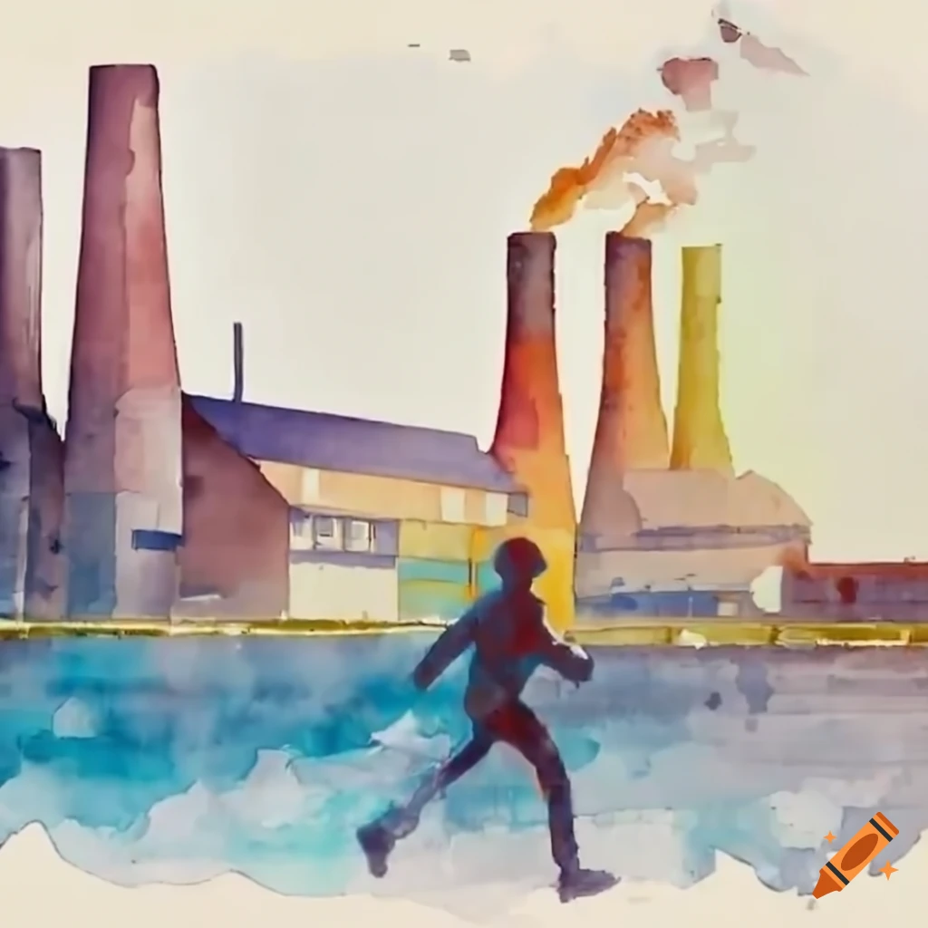 Man running towards a factory on Craiyon