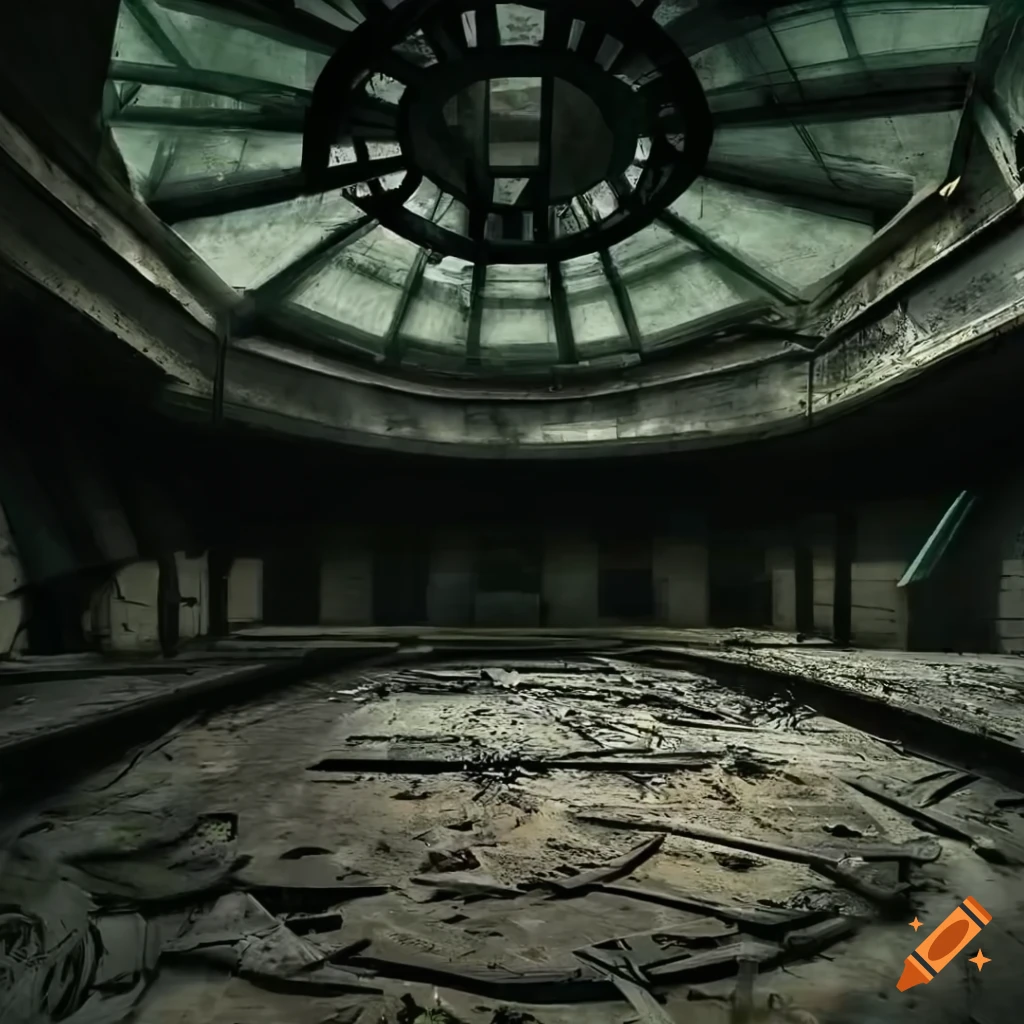 Interior of an abandoned, sinister megastructure in a dark and grainy ...