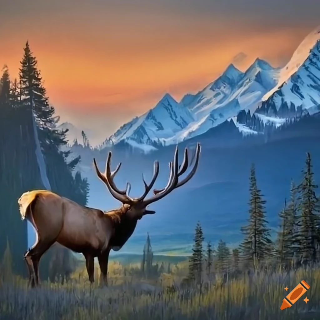 Elk in a mountain painting on Craiyon