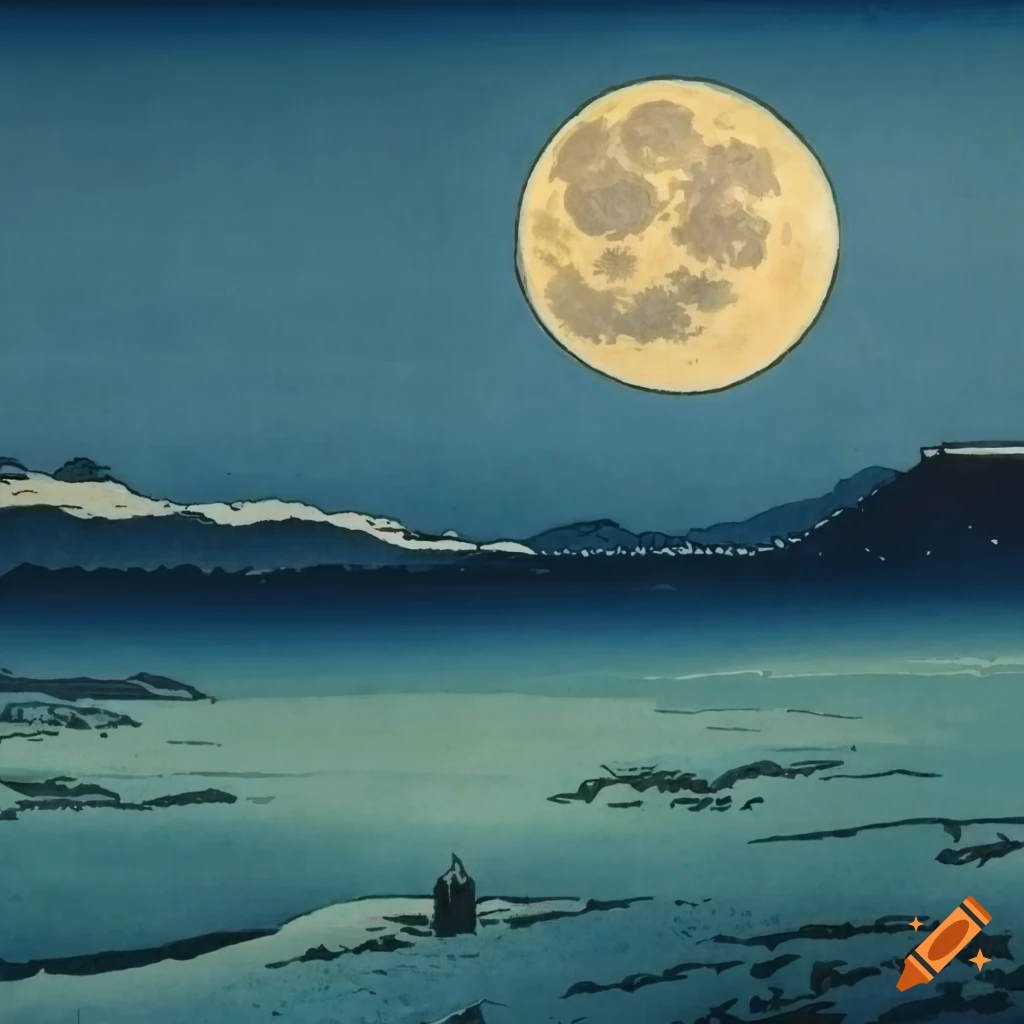 Japanese Ukiyo-e style artwork of a full moon over the plains on Craiyon