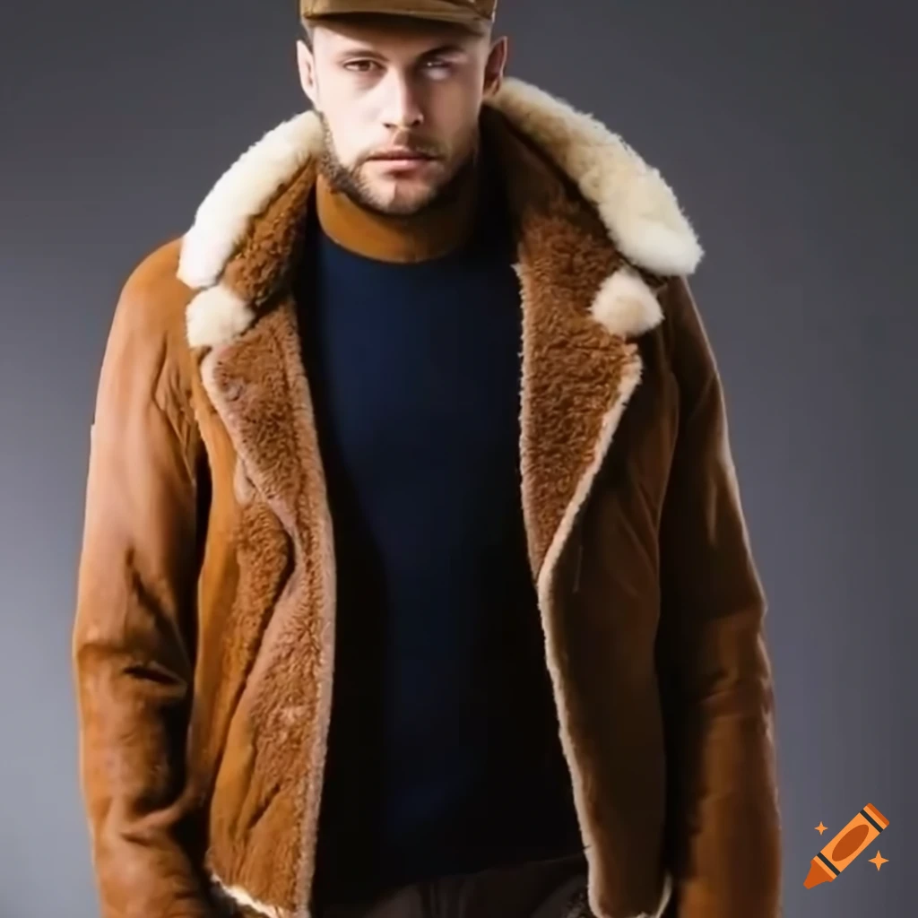 Stylish man in sheepskin bomber jacket and military peaked cap on Craiyon