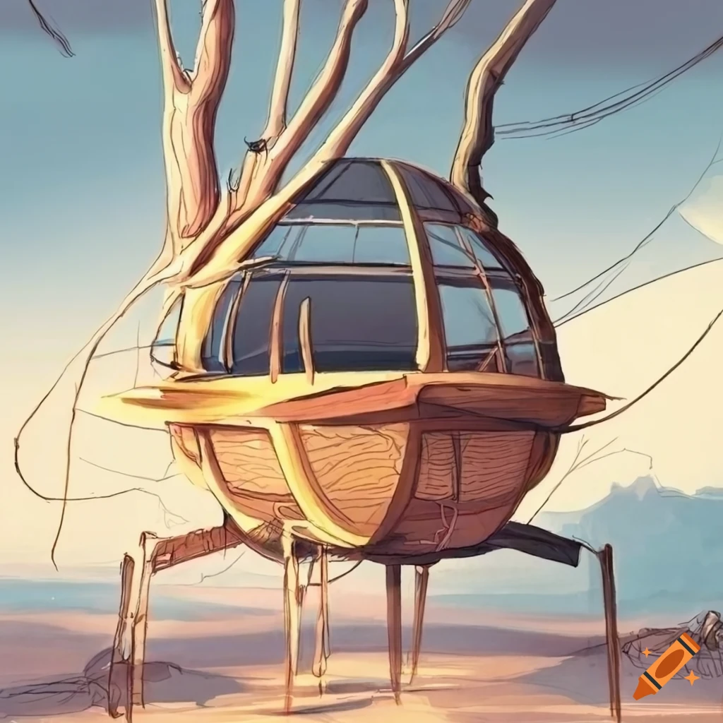 Sumi-e style technical drawing of a unique living pod on Craiyon