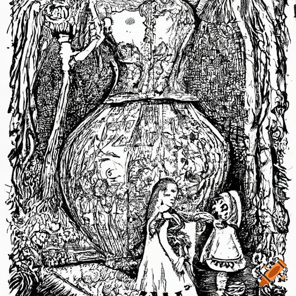 Detailed pen and ink illustration of Alice in Wonderland on Craiyon