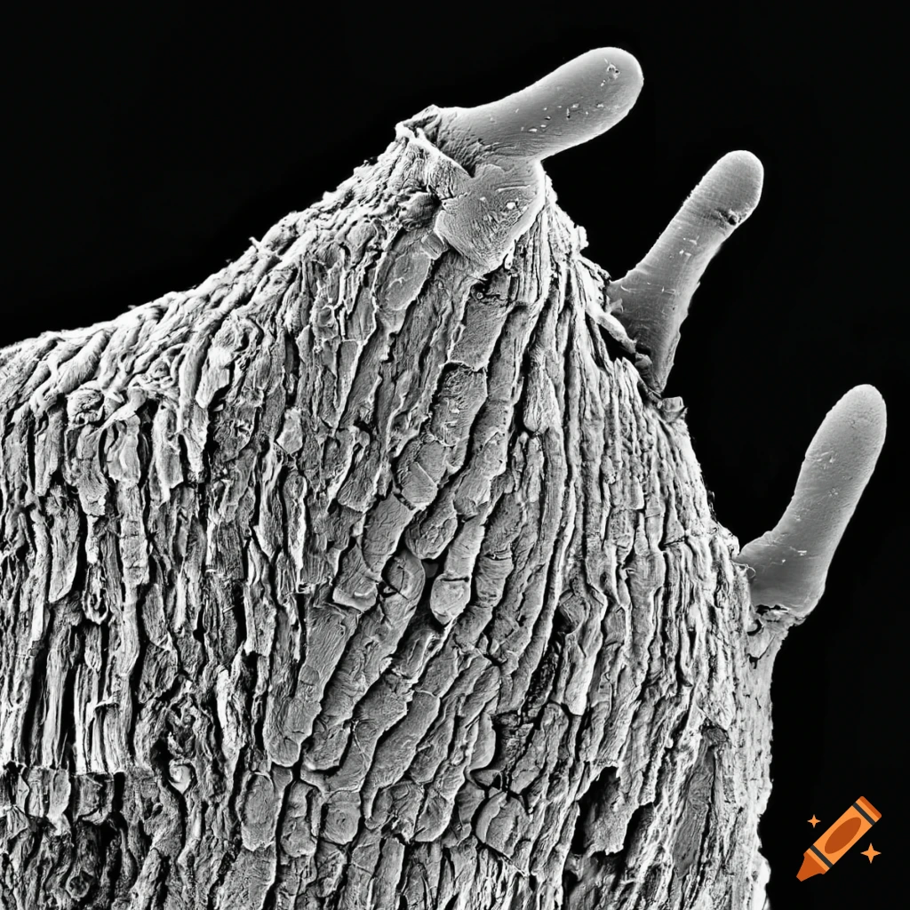 Black and white microscopic image of tree bark on Craiyon