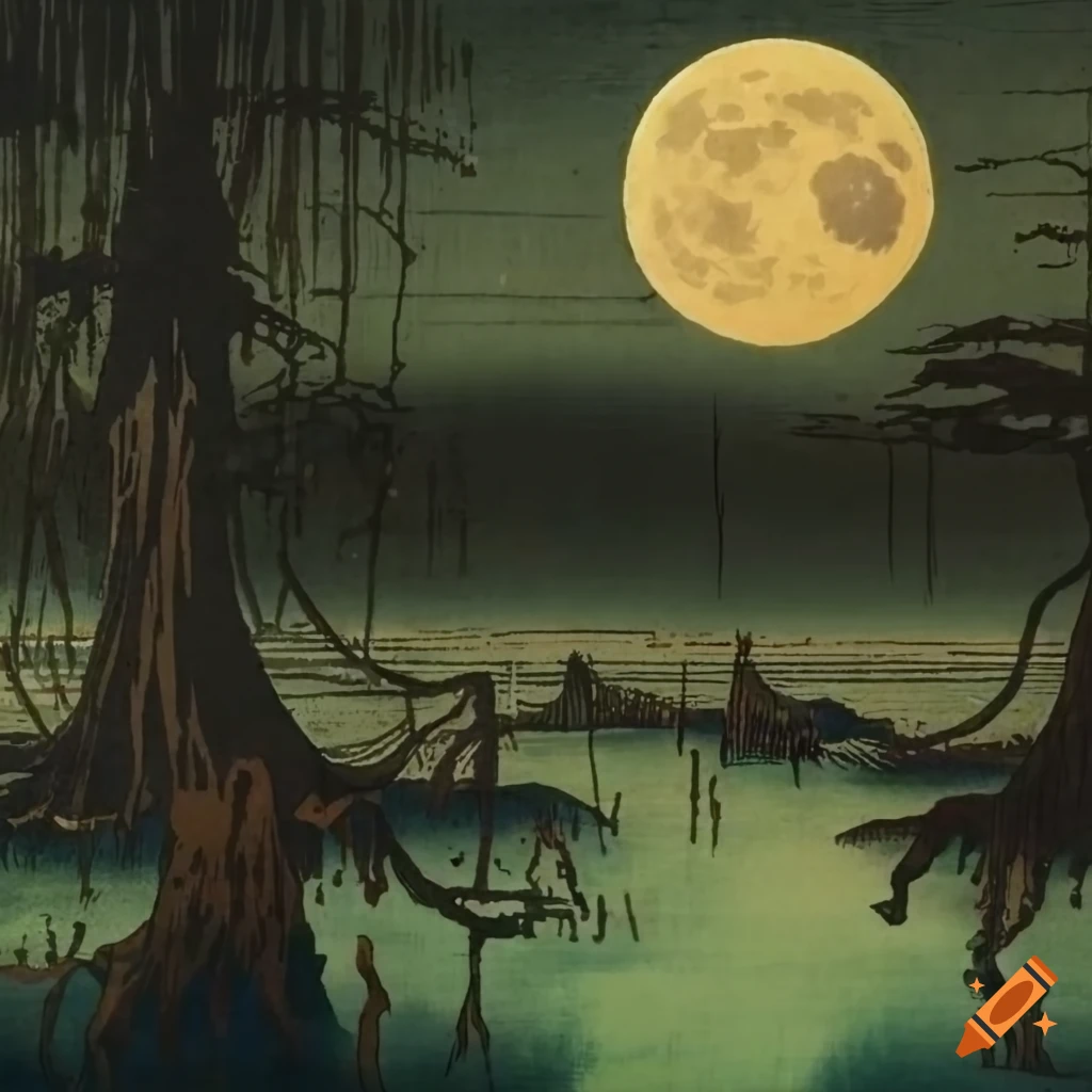Ukiyo-e style depiction of a Japanese swamp under a full moon on Craiyon