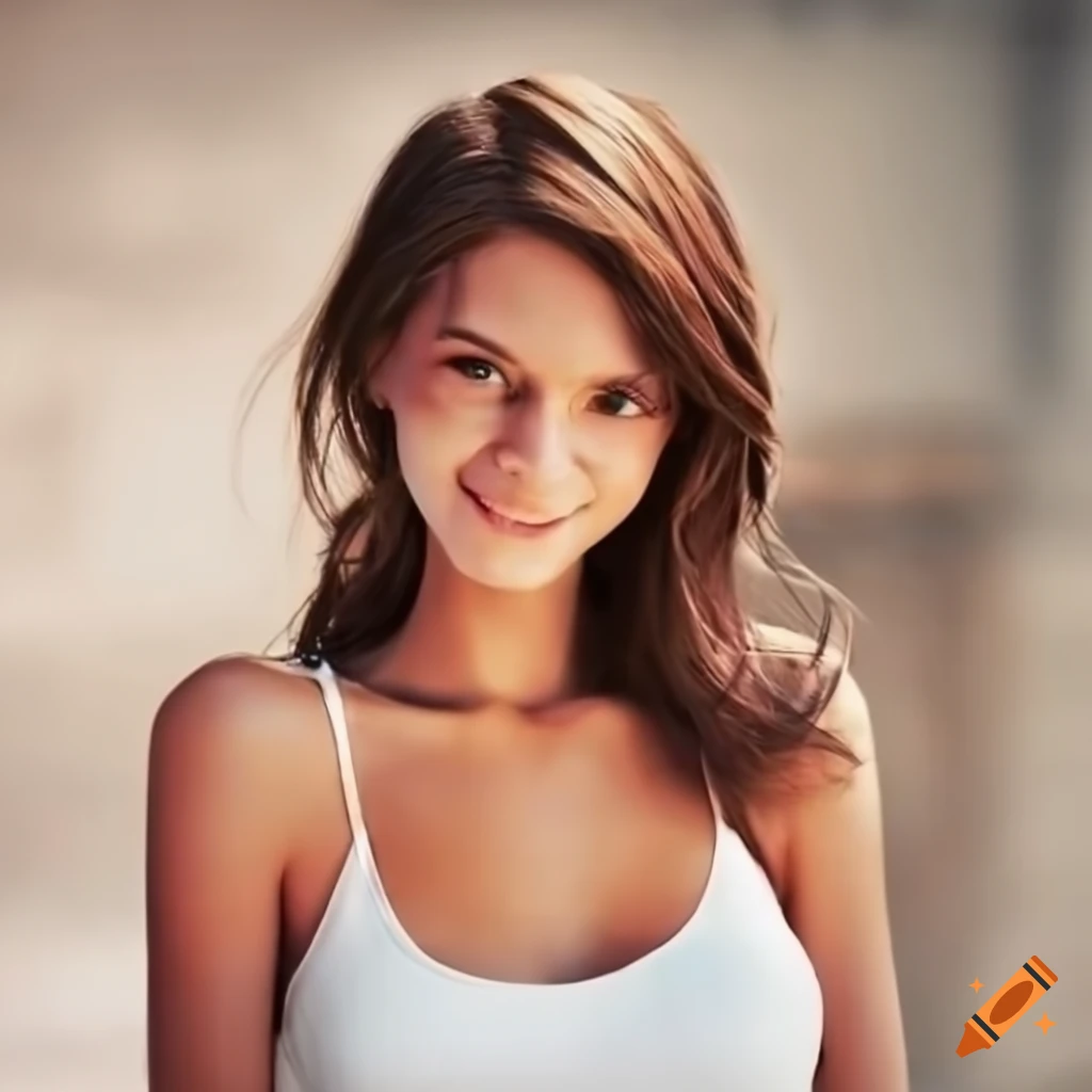 Emilia watson in cyan top and blue jeans with brown hair on Craiyon