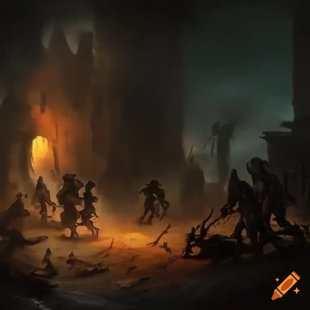 Dark and gritty battle scene in the world of mordheim on Craiyon