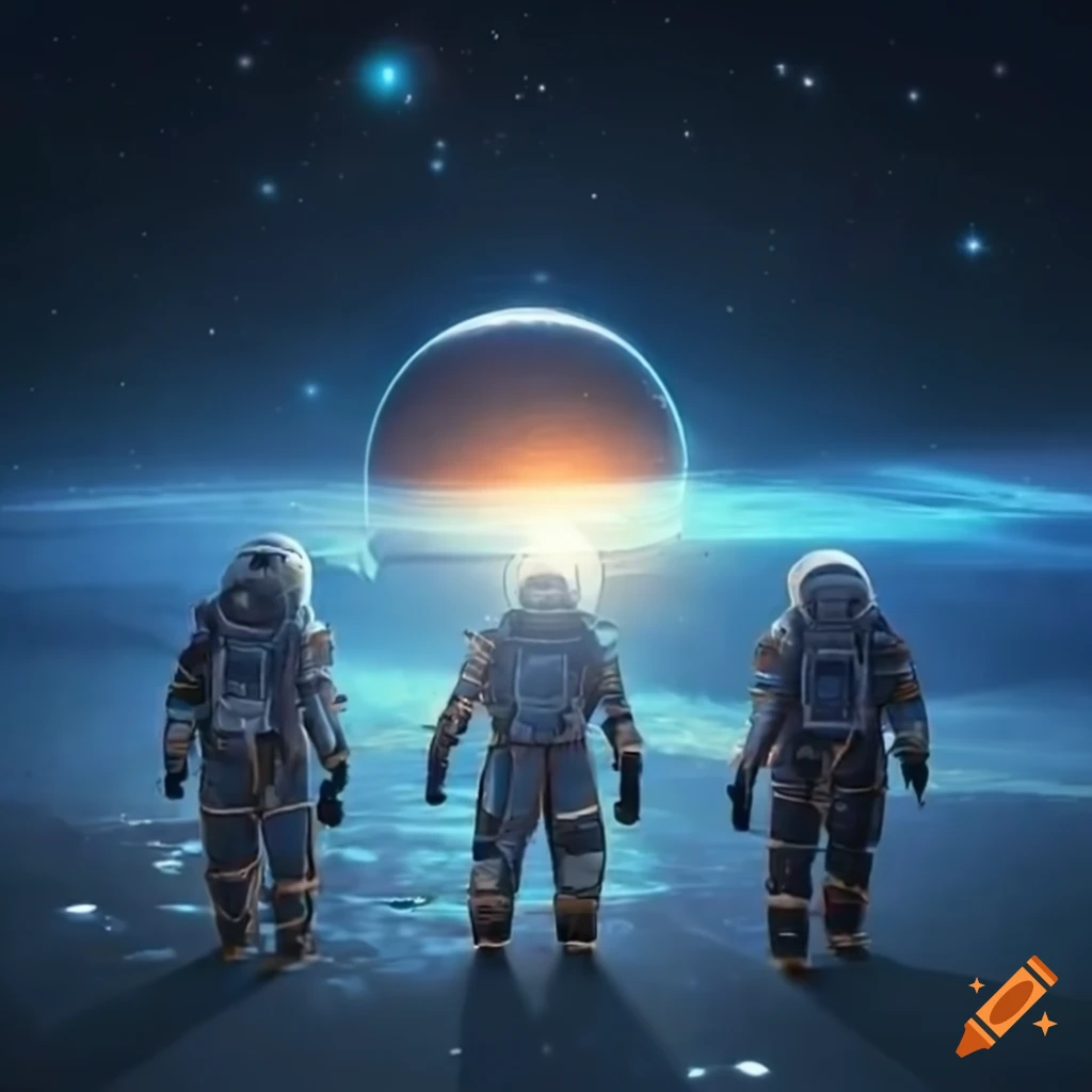 Spaceship crew observing space through viewscreen on Craiyon