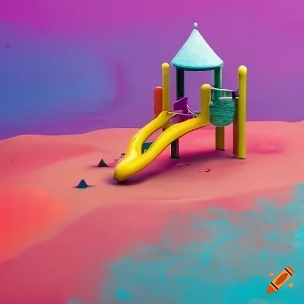 Colorful Surreal Playground With Sand Square And Spinning Swing