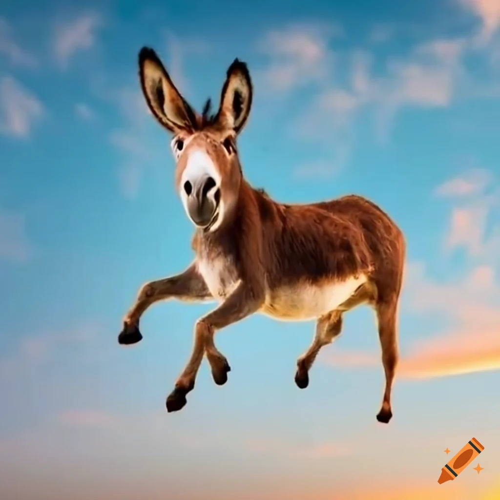 Fantasy illustration of a flying donkey above a laptop on Craiyon