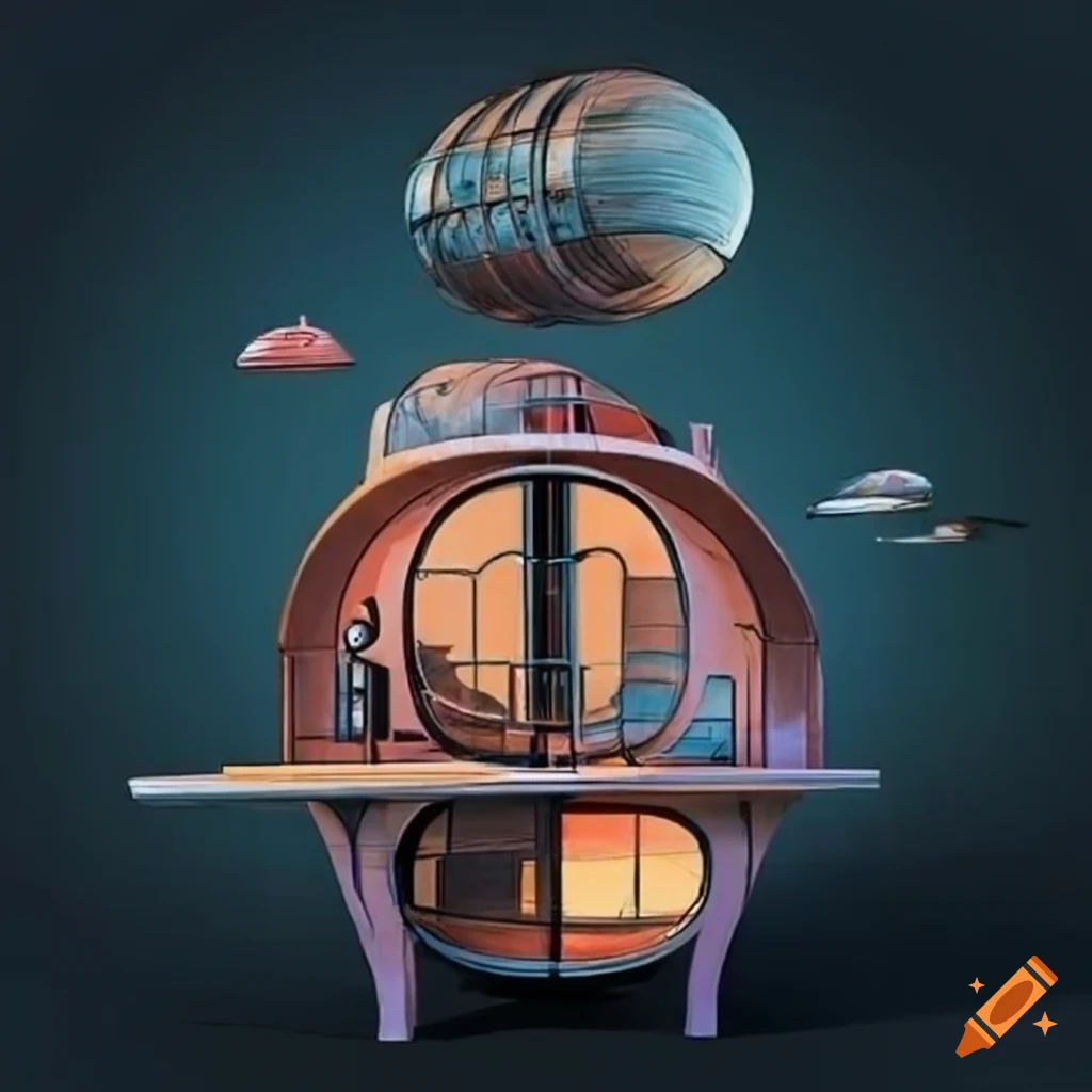 Retro-futuristic technical drawing of a unique living pod on Craiyon