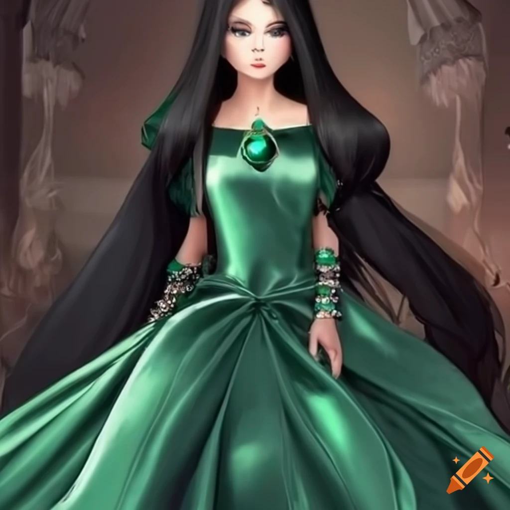 Dark-haired princess in a green satin dress on Craiyon