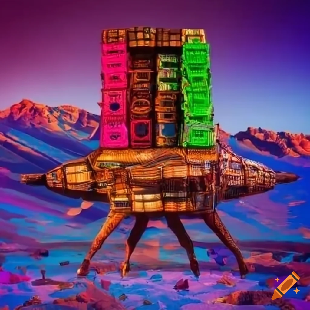 Spaceship made of beer crates in colorful alien landscape on Craiyon