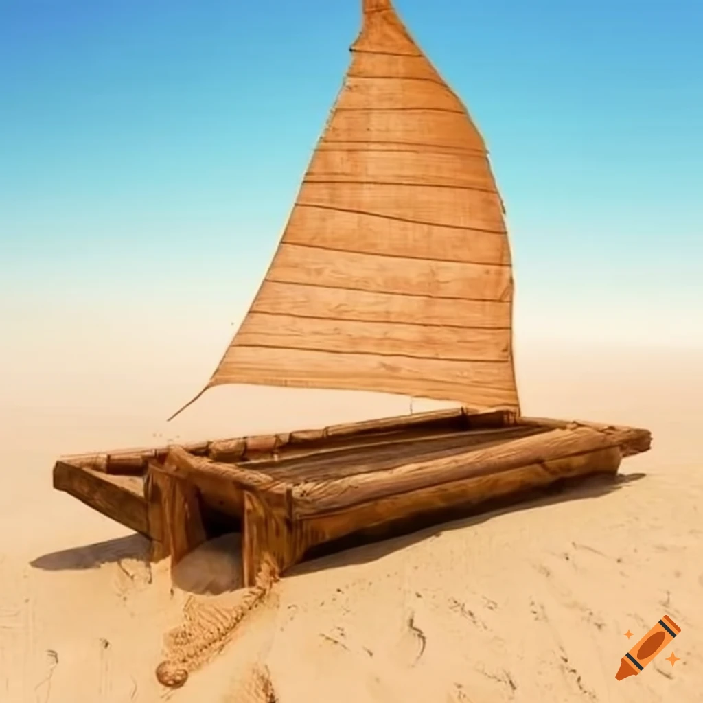 Wooden raft with a sail on the sand