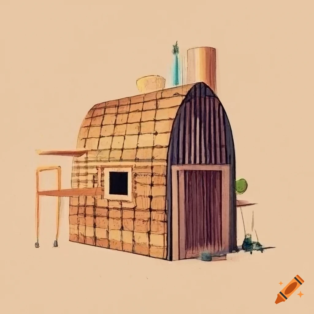 Technical drawing of a unique living pod with landing stilts on Craiyon