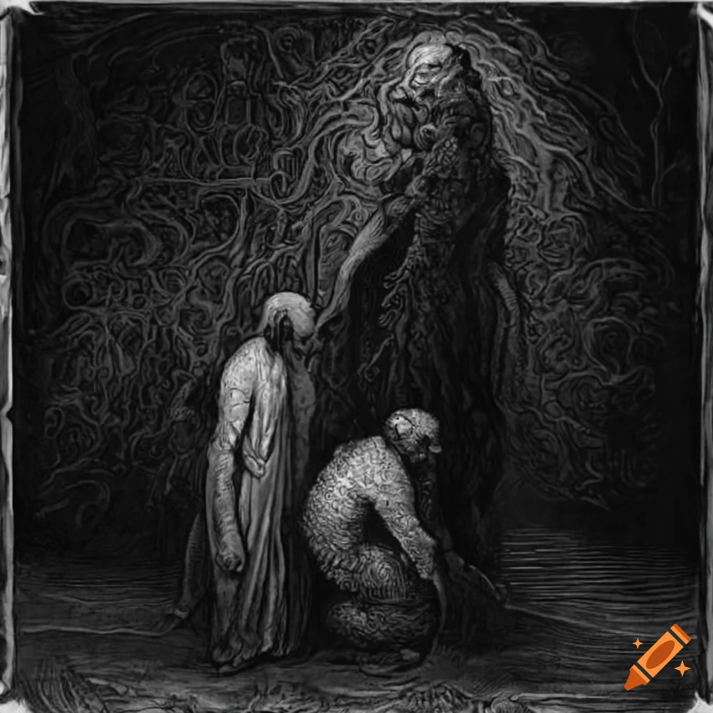 Surreal black and white art with giants and mutated humans on Craiyon