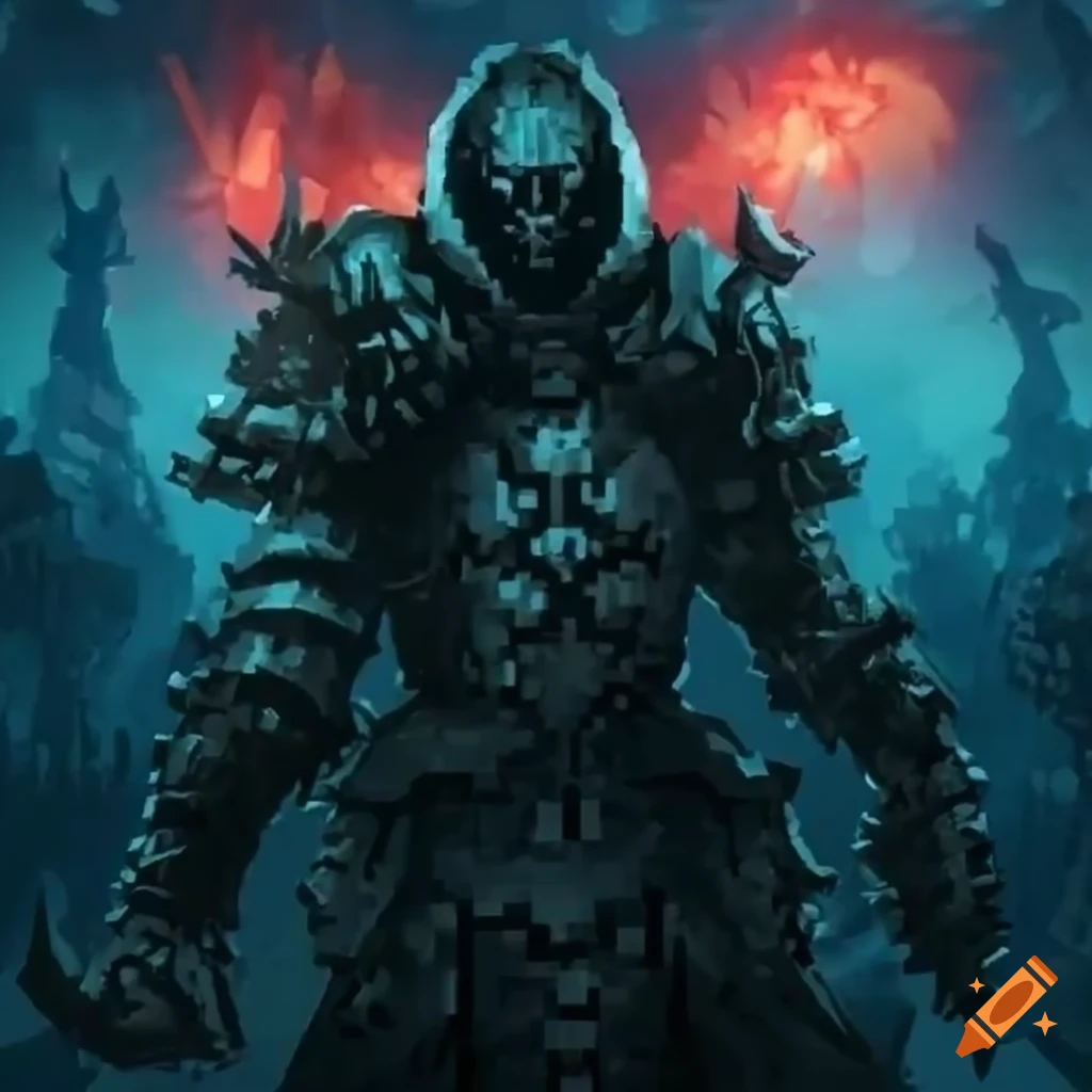Dark sinister power armor in a creepy enclave on Craiyon