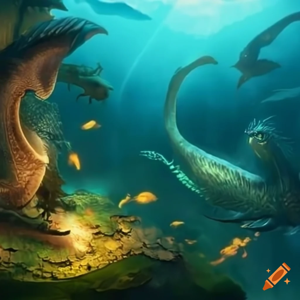 Image of a mythical island with magical creatures