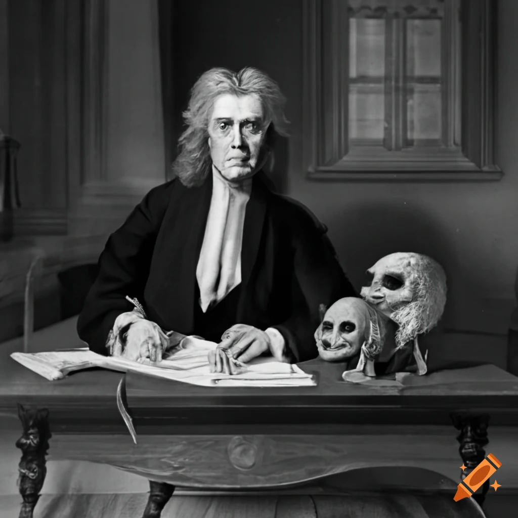 Meeting of Sir Isaac Newton and a grey alien on Craiyon