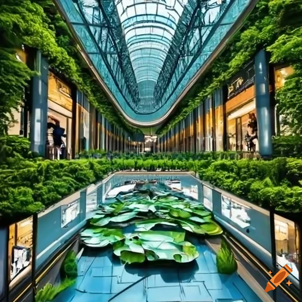 Interior view of a futuristic shopping mall with greenery and ponds on ...