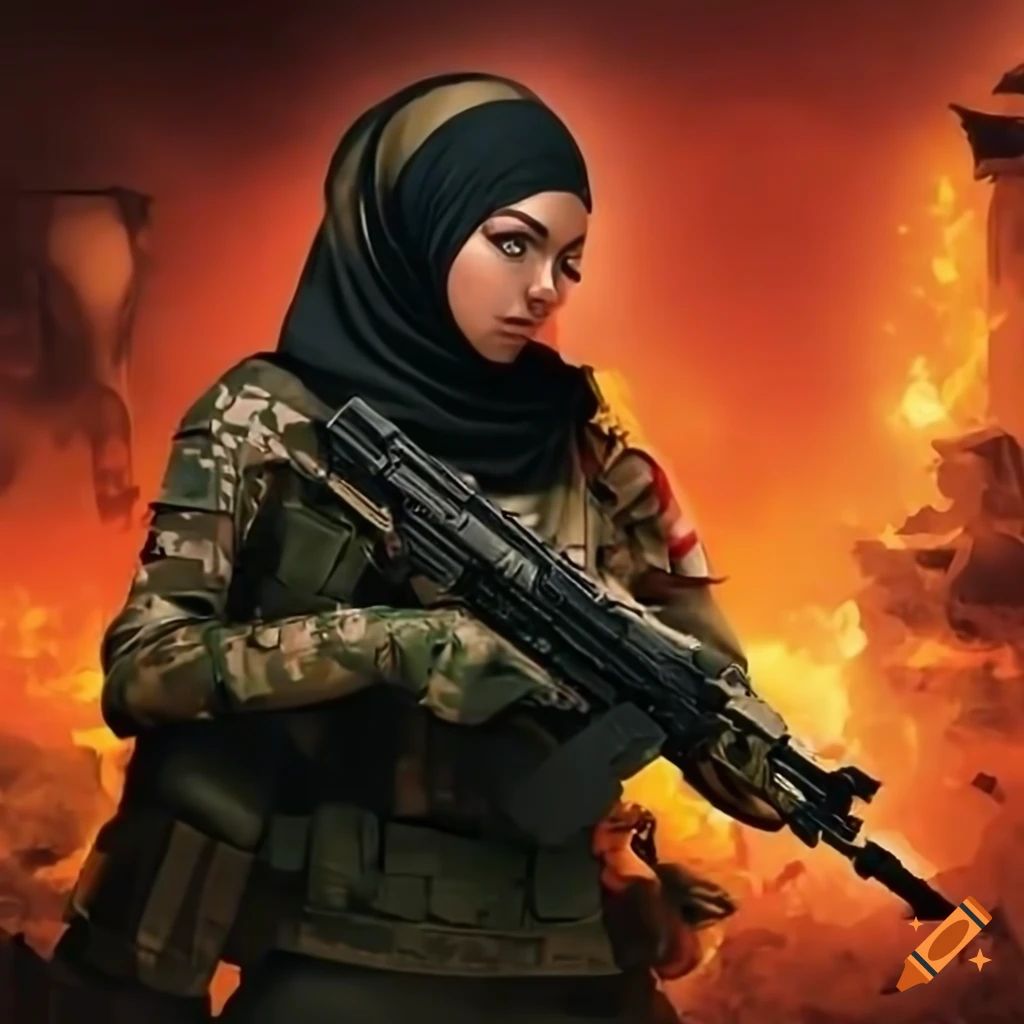 Muslim female soldiers in a fierce battle on Craiyon