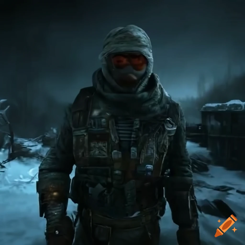 Metro exodus game character in a winter landscape