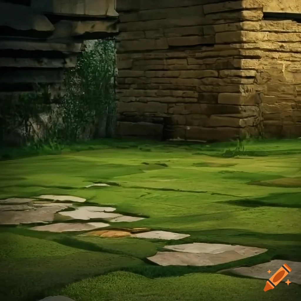 Render of a natural bluestone cliff patio surrounded by grass and ...