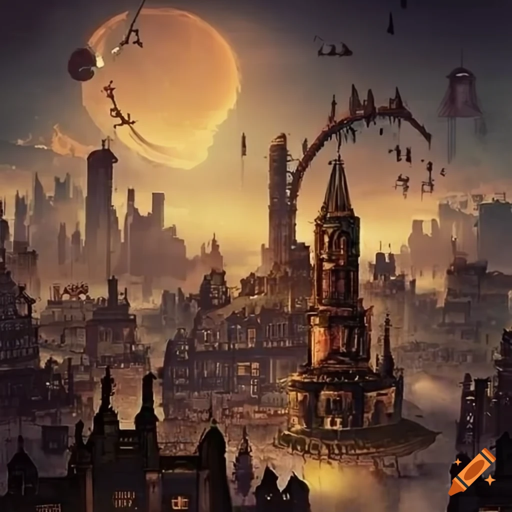 Cityscape of a magipunk and steampunk city on Craiyon