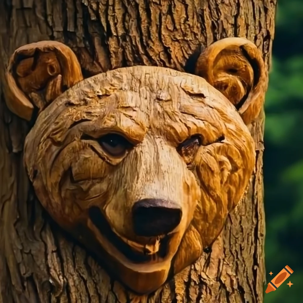 Wood carving of a bear face on a tree branch on Craiyon