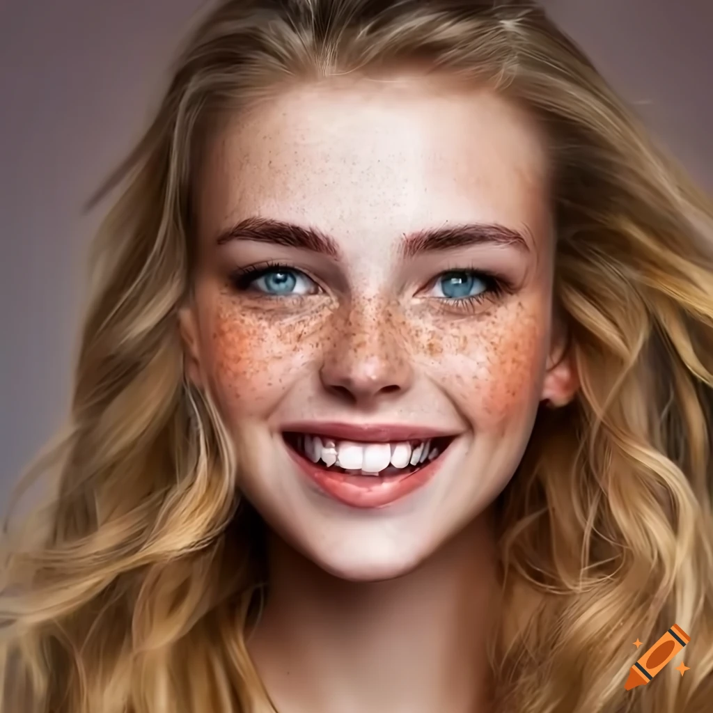 Portrait of a beautiful woman with freckles and blonde hair on Craiyon
