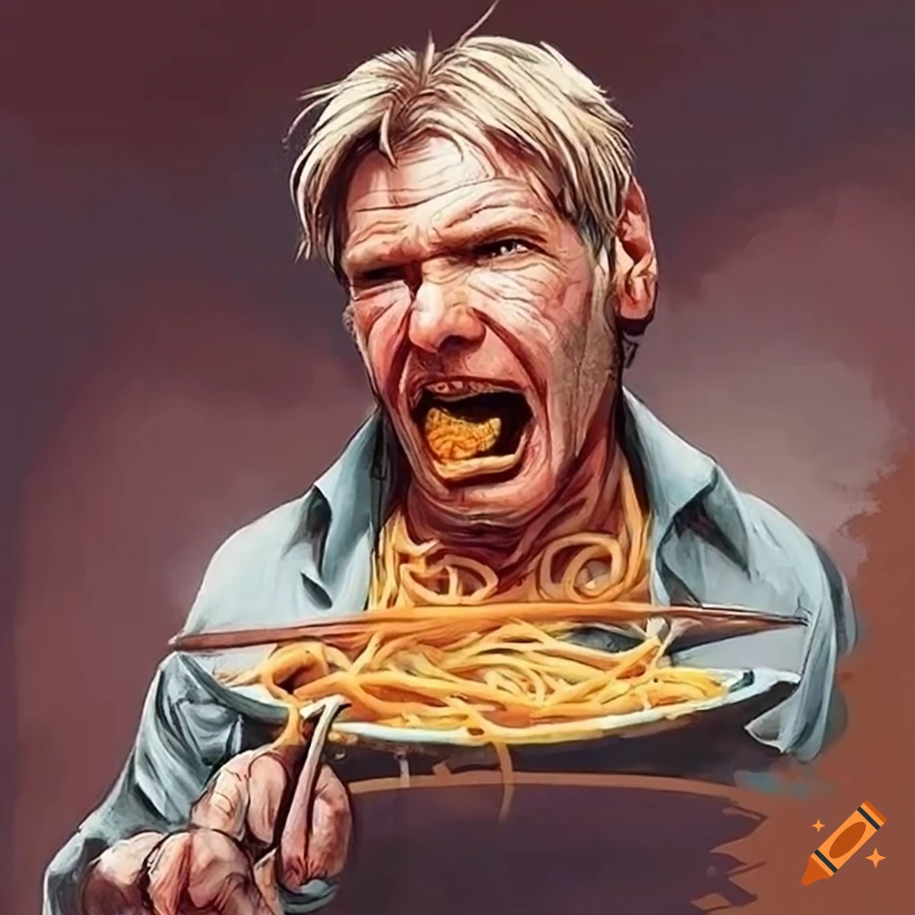 Harrison Ford eating spaghetti in artwork on Craiyon