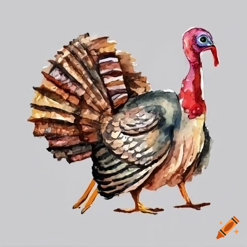 Watercolor hand drawn illustration of a side view of a turkey on Craiyon