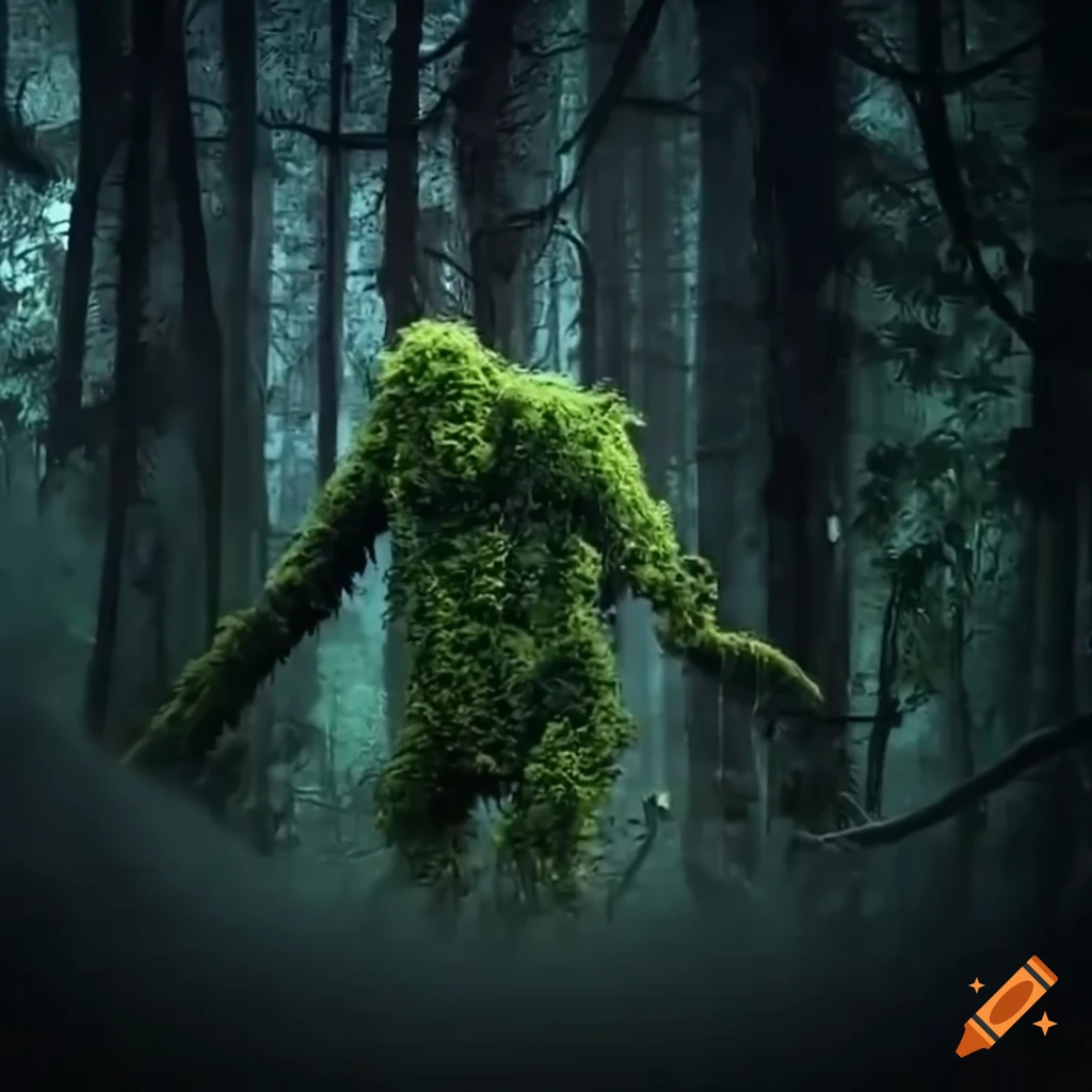 Low res footage of a moss humanoid in the forest on Craiyon