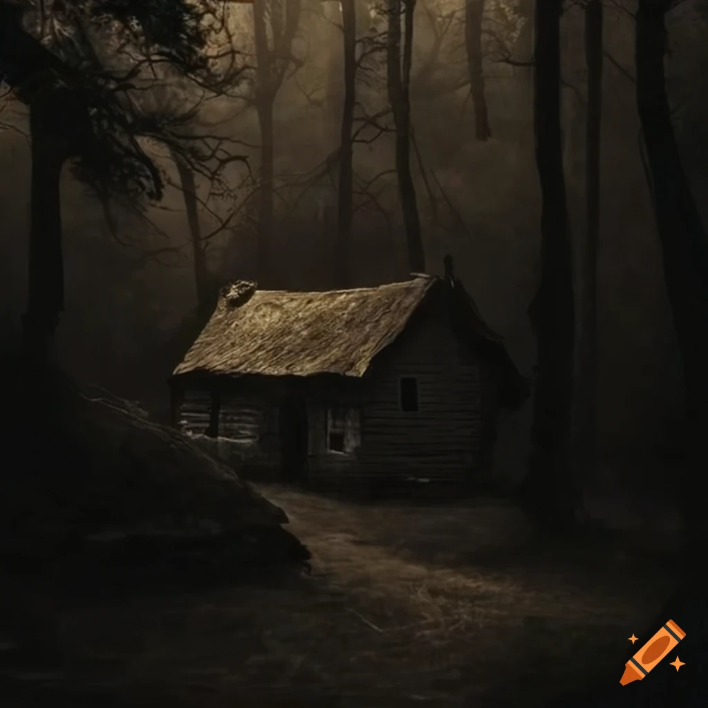 Dark vintage picture of an old cottage in a forest on Craiyon