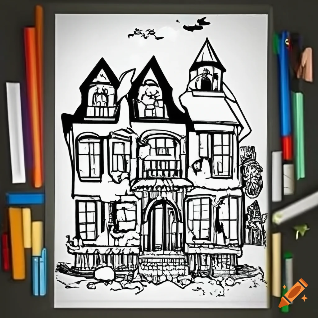 Spooky haunted house coloring page on Craiyon