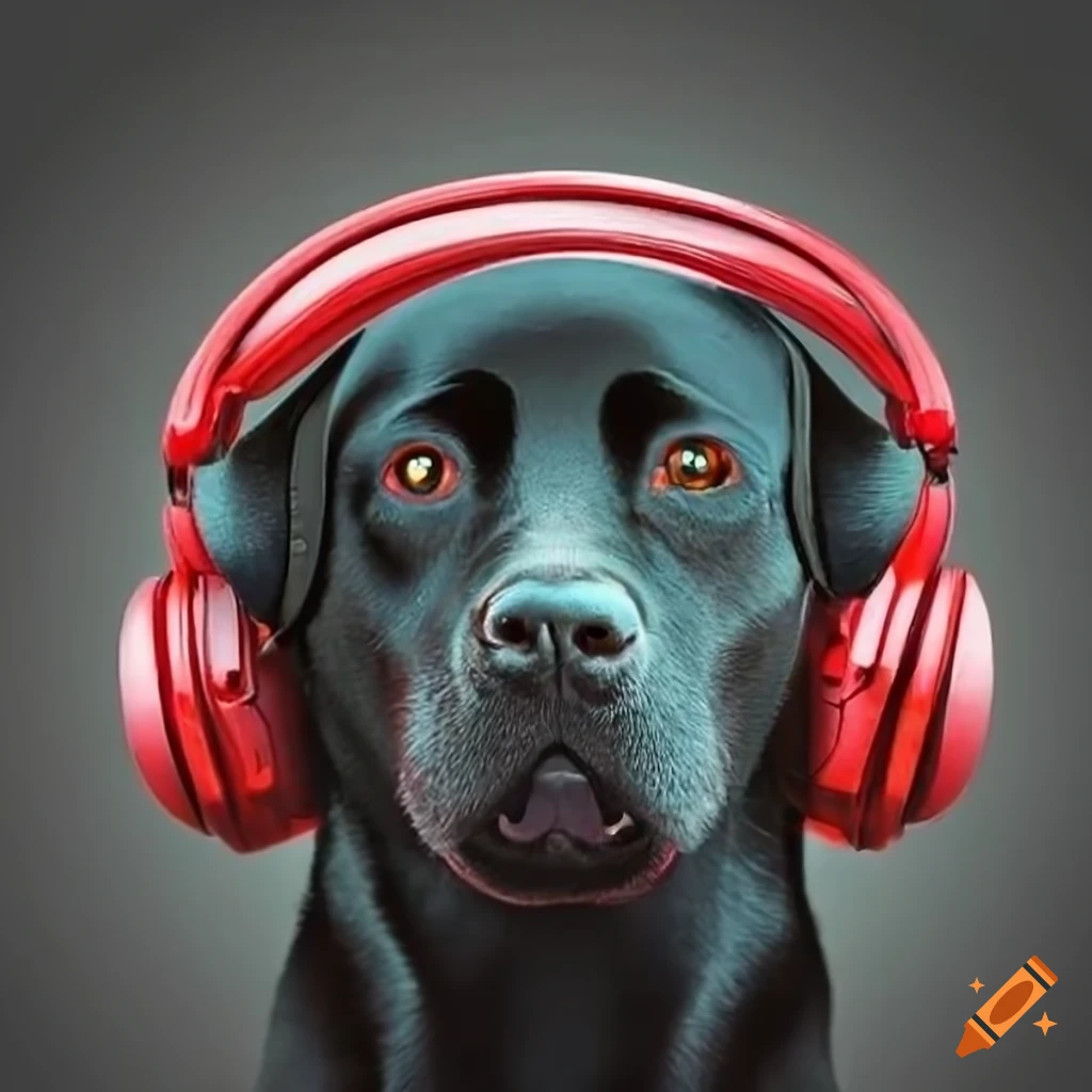 Black labrador wearing red headphones