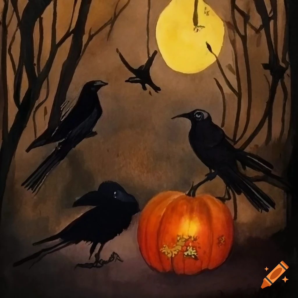 Watercolor painting of a spooky scene with crows and pumpkins
