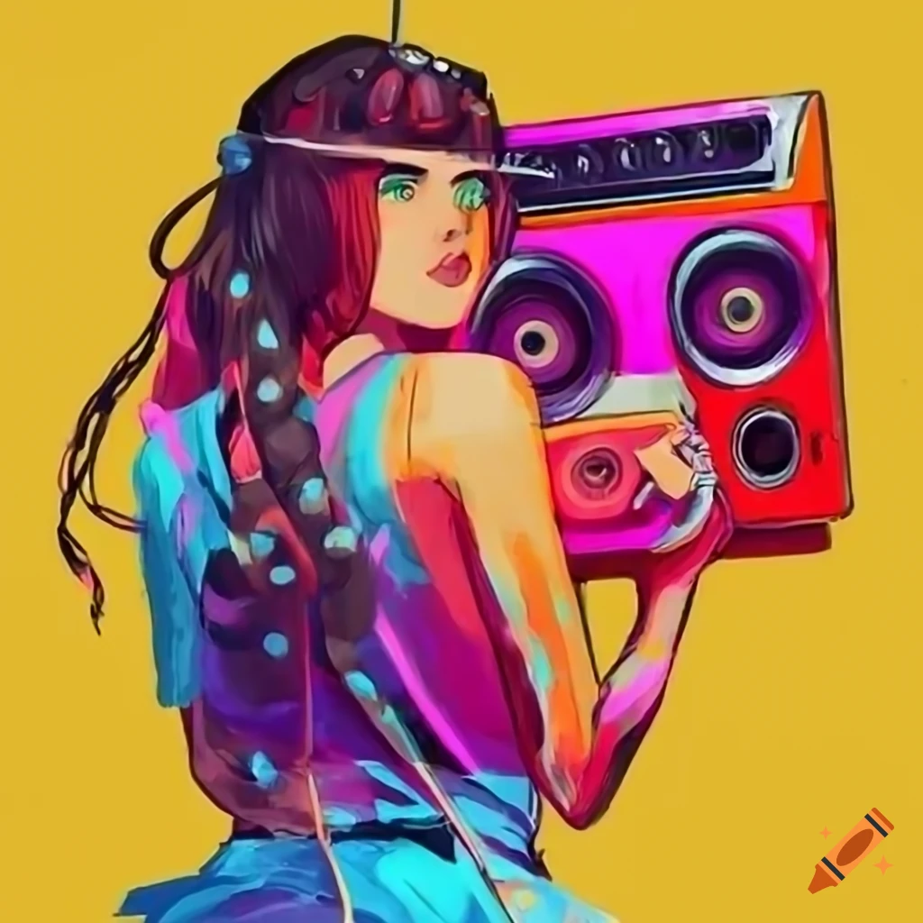 Vibrant art illustration of a girl and a boombox on Craiyon