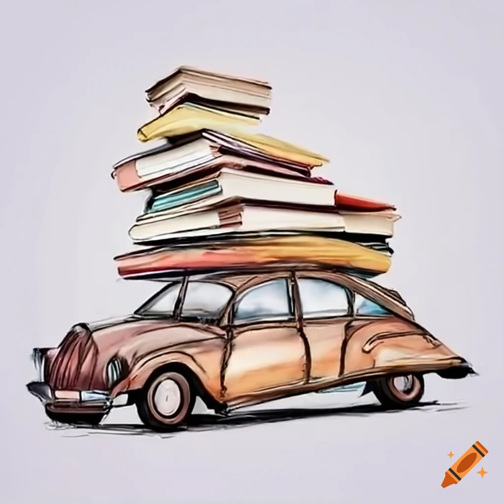 Car transporting books on the roof on Craiyon