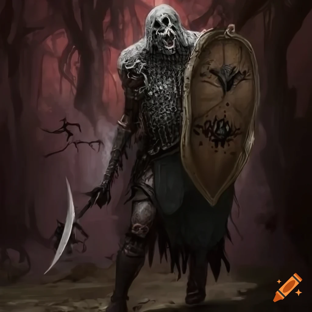 Realistic depiction of a zombie warrior with twisted mouth