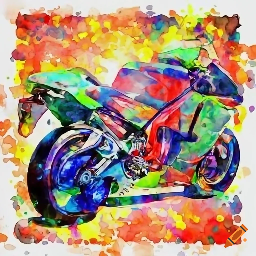 Watercolor illustration of motorcycles racing in motogp
