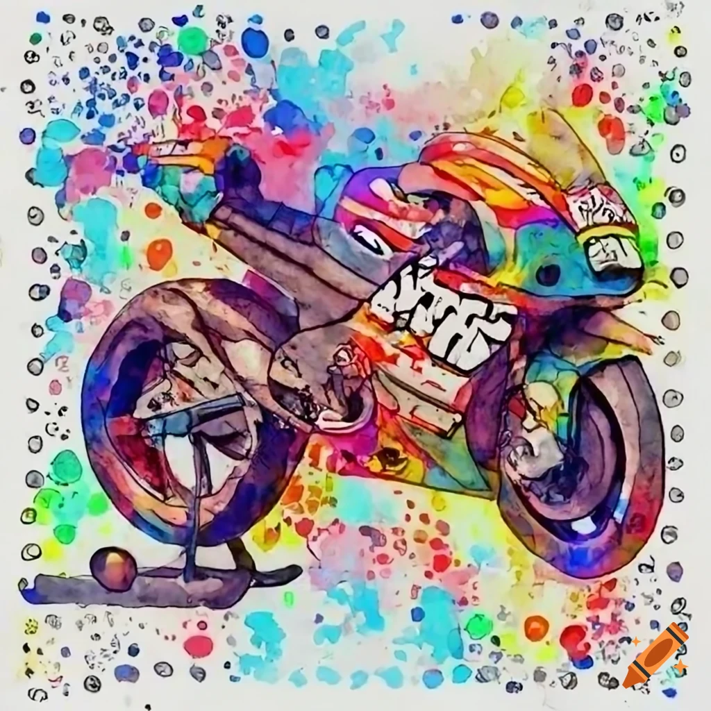 Watercolor illustration of motorcycles racing in motogp