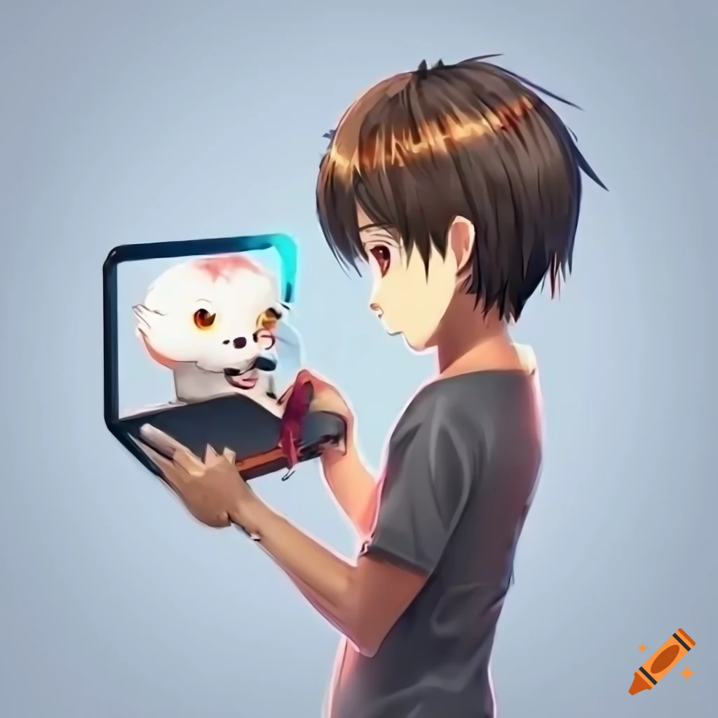 Aiden and anime characters with a tablet on Craiyon