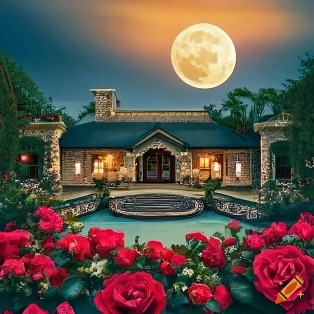 Moonlit courtyard of a western-style mansion with red roses on Craiyon