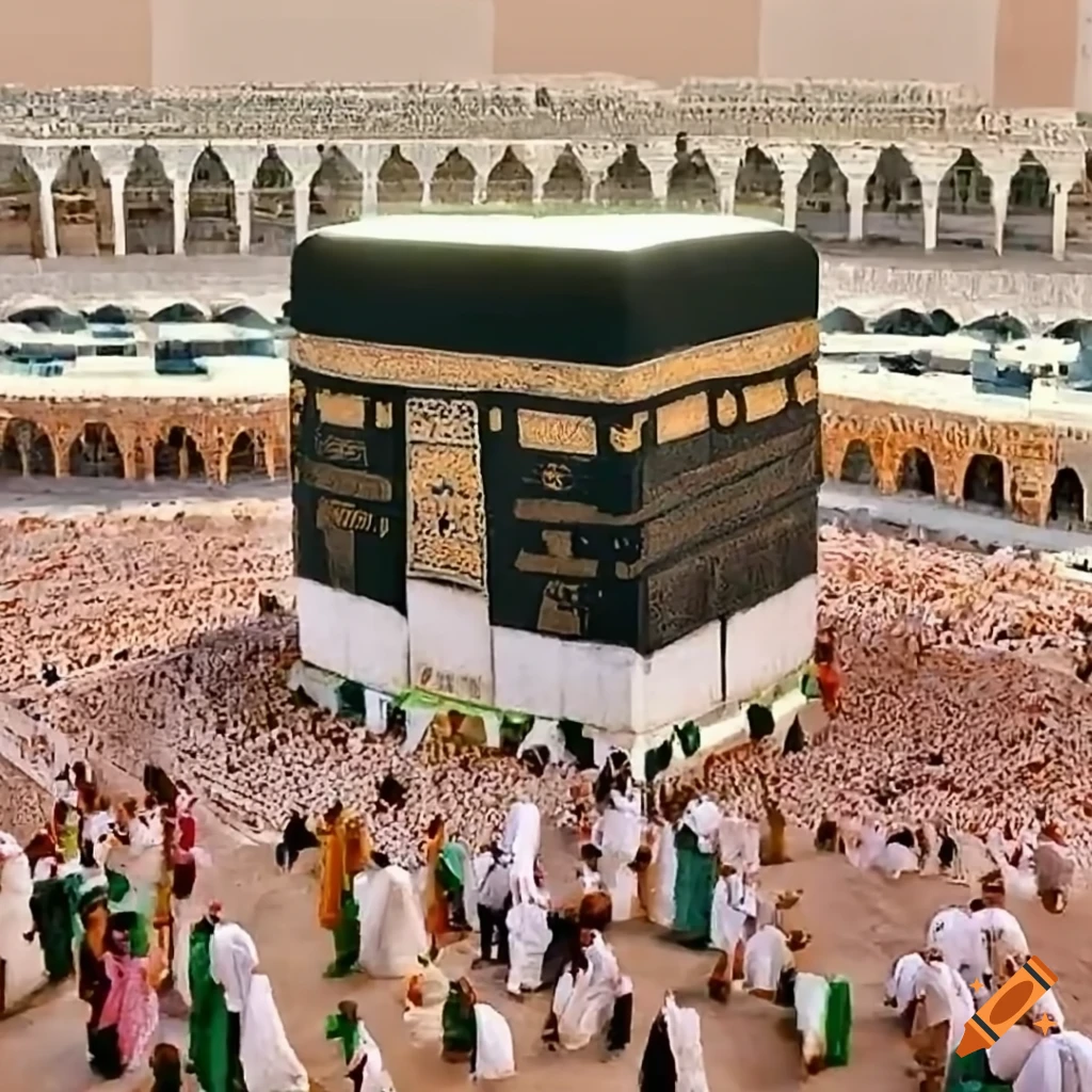 Ancient city of Mecca with crowds of pilgrims on Craiyon