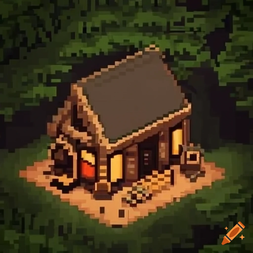 Pixel art of a mini cabin in the woods on Craiyon