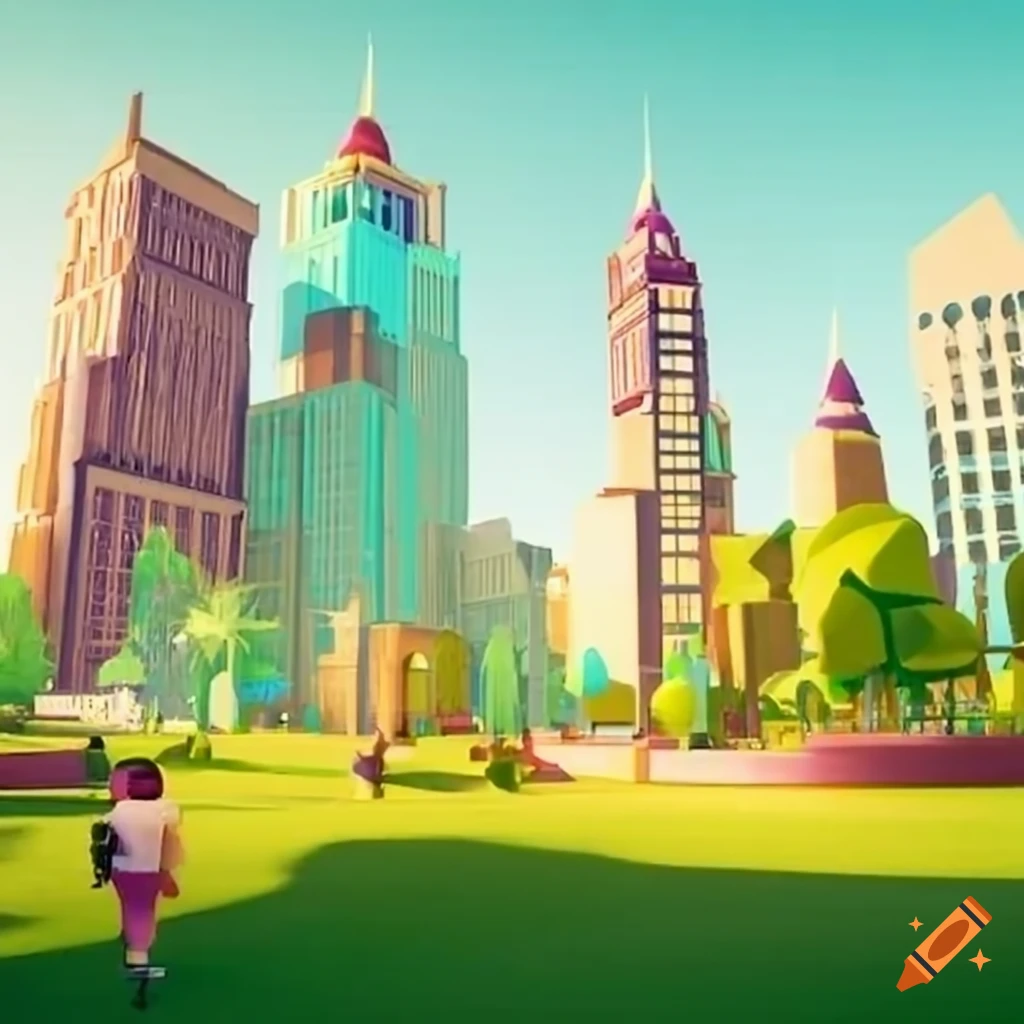 Stylized city downtown with a lively atmosphere