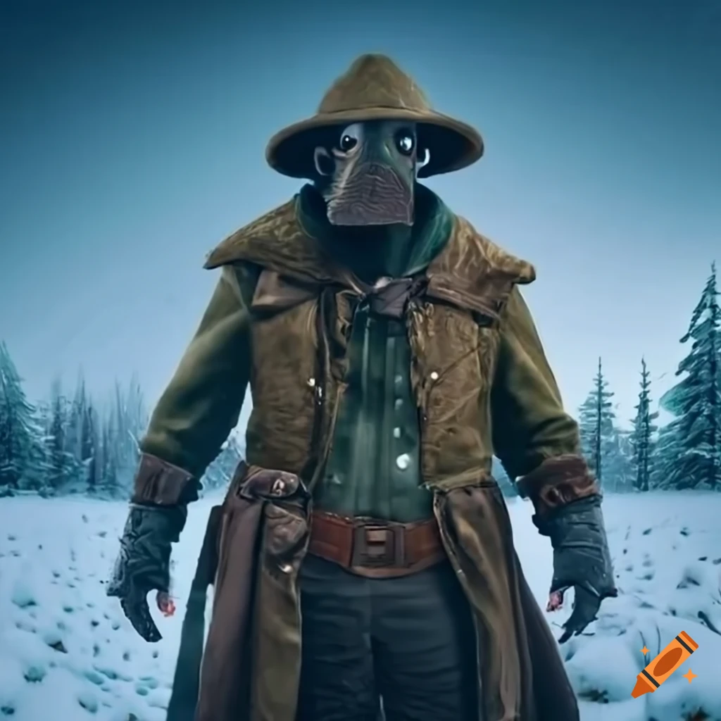 Alien character in a frontierman outfit in a snow forest