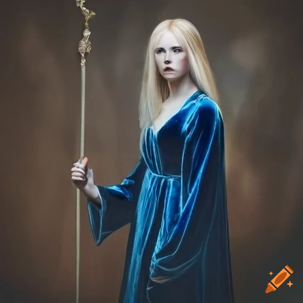 Image of a blond female wizard in dark blue velvet robes on Craiyon