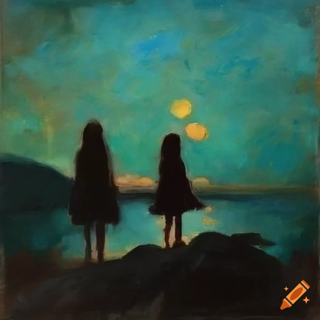 Impressionist painting of a coastal scene with two suns in the sky on ...